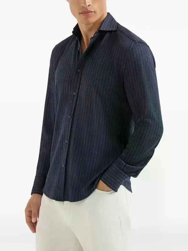 Brunello Cucinelli Virgin Wool, Silk And Cotton Chalk Stripe Piqué Shirt With Spead Collar - Blue
