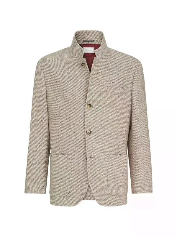 Brunello Cucinelli Cashmere And Silk Diagonal Outerwear Blazer With Patch Pockets - Neutrals