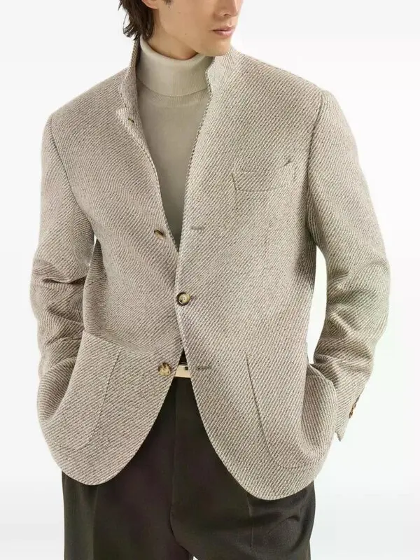 Brunello Cucinelli Cashmere And Silk Diagonal Outerwear Blazer With Patch Pockets - Neutrals