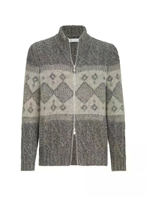 Brunello Cucinelli Virgin Wool, Silk, And Cashmere Chiné Cable Knit Cardigan With Intarsia - Grey
