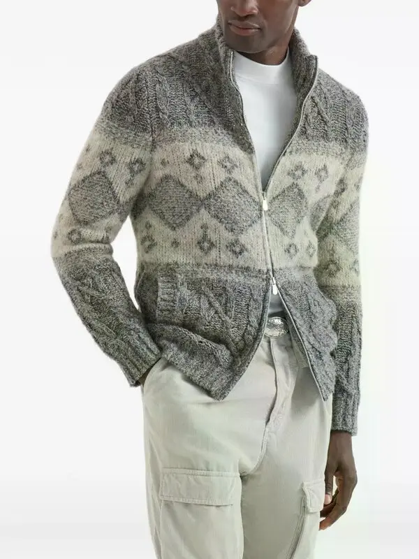 Brunello Cucinelli Virgin Wool, Silk, And Cashmere Chiné Cable Knit Cardigan With Intarsia - Grey
