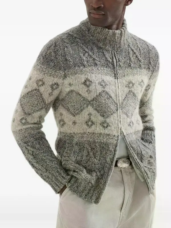 Brunello Cucinelli Virgin Wool, Silk, And Cashmere Chiné Cable Knit Cardigan With Intarsia - Grey