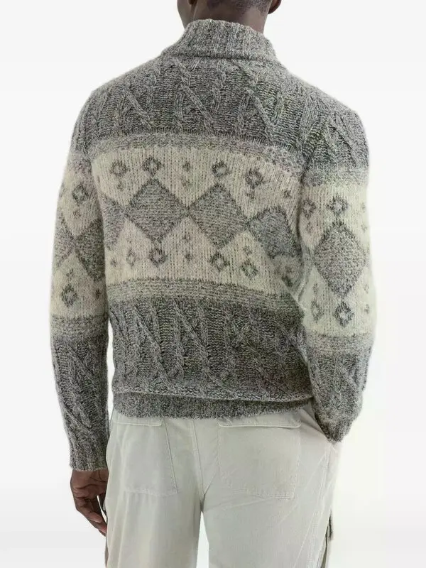 Brunello Cucinelli Virgin Wool, Silk, And Cashmere Chiné Cable Knit Cardigan With Intarsia - Grey
