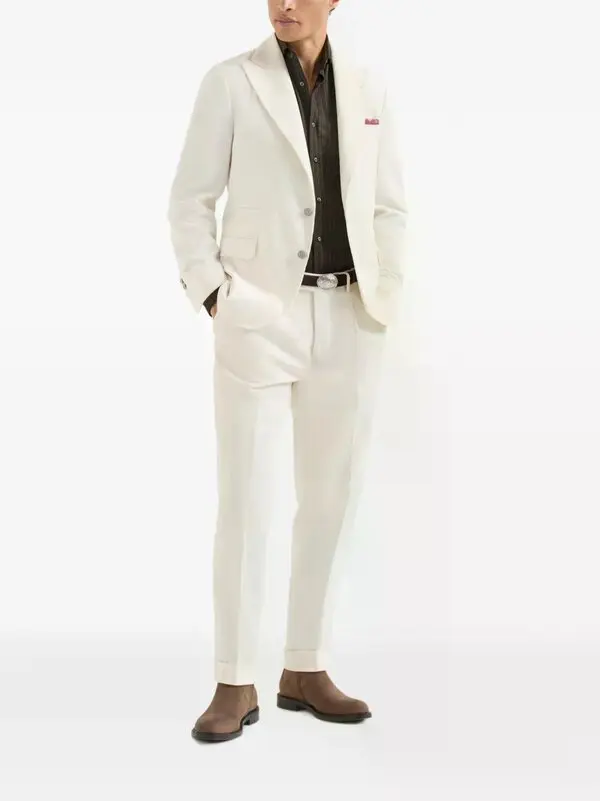 Brunello Cucinelli Virgin Wool, Silk And Cotton Chalk Stripe Piqué Shirt With Spead Collar - Brown