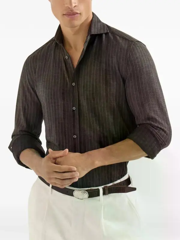 Brunello Cucinelli Virgin Wool, Silk And Cotton Chalk Stripe Piqué Shirt With Spead Collar - Brown