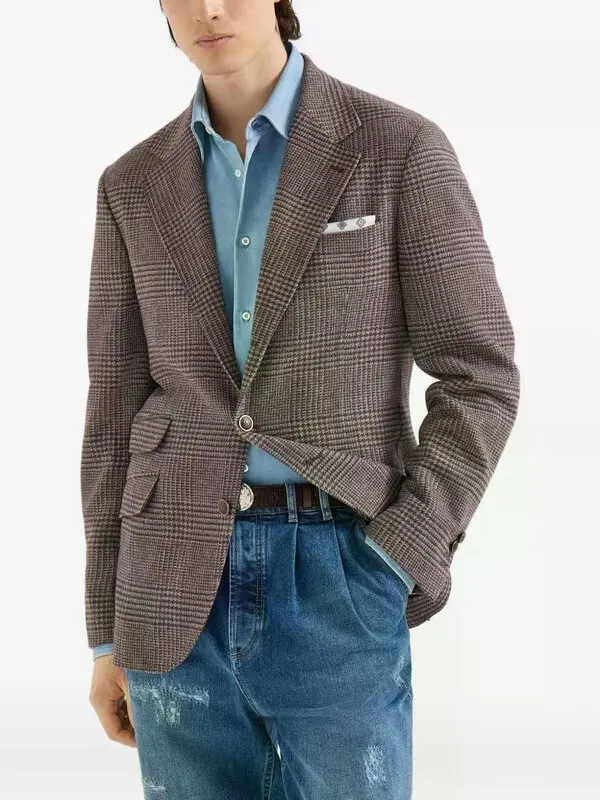 Brunello Cucinelli Comfort Wool And Cashmere Prince Of Wales Flannel Deconstructed Cavallo Blazer - Brown