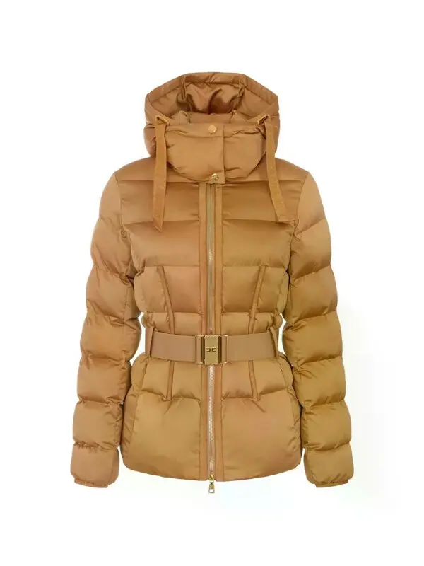 Elisabetta Franchi Down Jacket In Voile Fabric With Jewel Buckle Belt - Neutrals