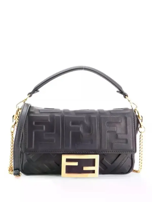 Fendi Baguette Nm Bag Zucca Embossed Leather Mini Crossbody Bag - Black