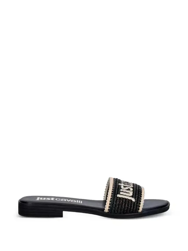 Just Cavalli Logo-embroidered Raffia-effect Flat Sandals - Black