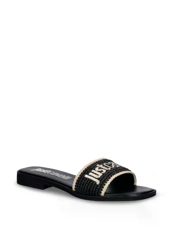 Just Cavalli Logo-embroidered Raffia-effect Flat Sandals - Black