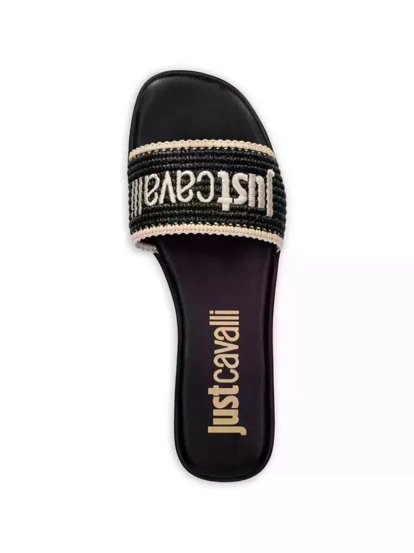 Just Cavalli Logo-embroidered Raffia-effect Flat Sandals - Black