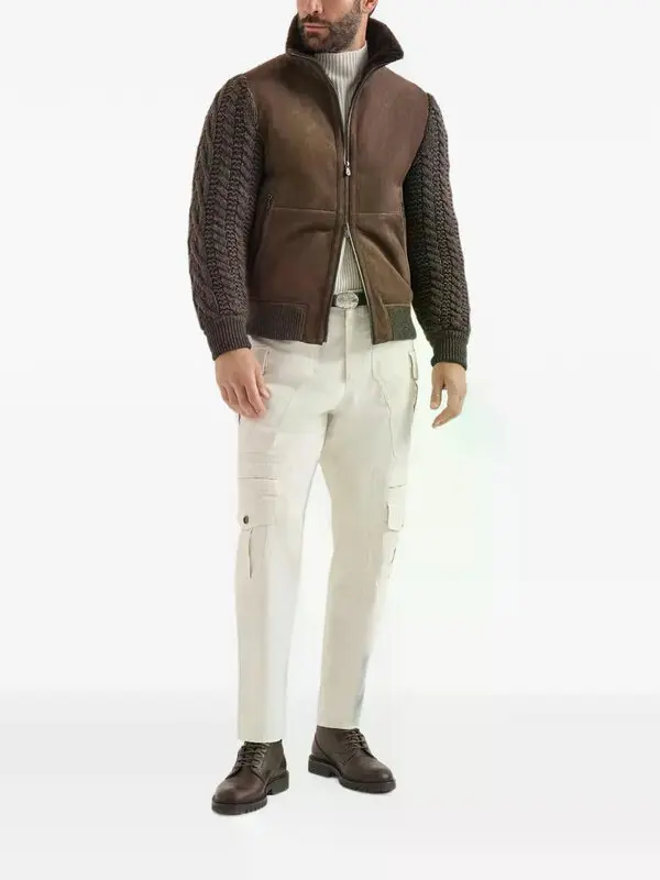 Brunello Cucinelli Suede Shearling And Cashmere Knit Bomber Jacket With Thermore® Padding - Brown