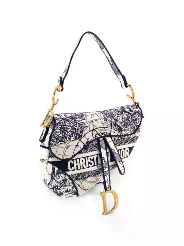 Dior Saddle Bag Logo Embroidered Canvas Medium Shoulder Bag