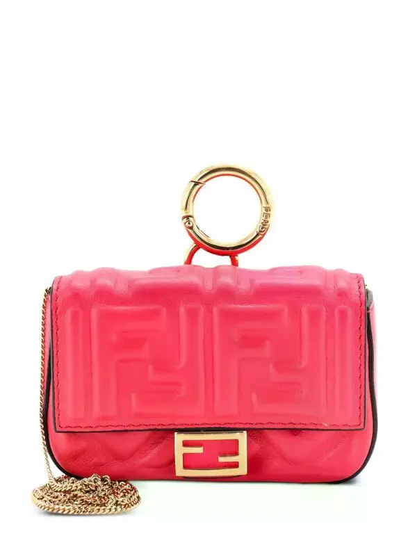 Fendi Chain Baguette Charm Bag Zucca Embossed Leather Nano Crossbody Bag - Pink