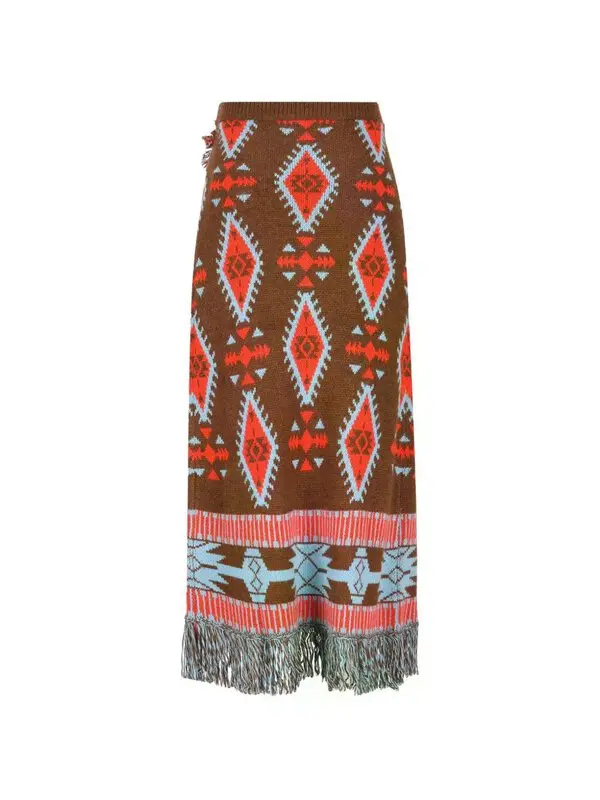 COLOUR MARKET Fringed Intarsia-knit Maxi Skirt - Brown