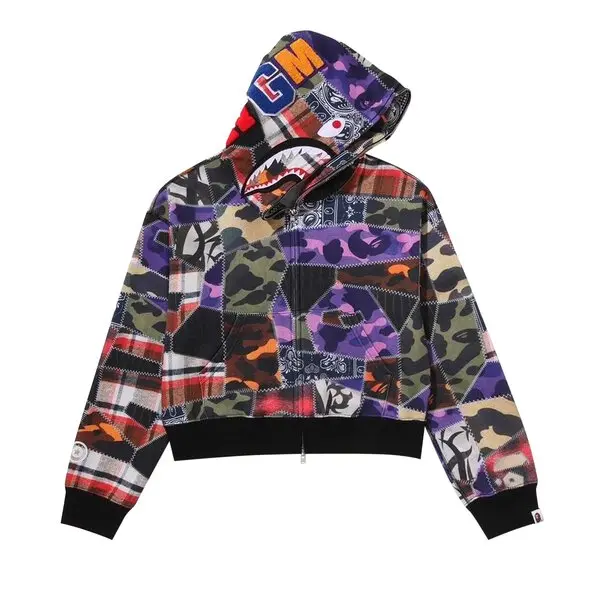 A BATHING APE Crazy Patch Boxy Cropped Shark Full Zip Hoodie 'multi