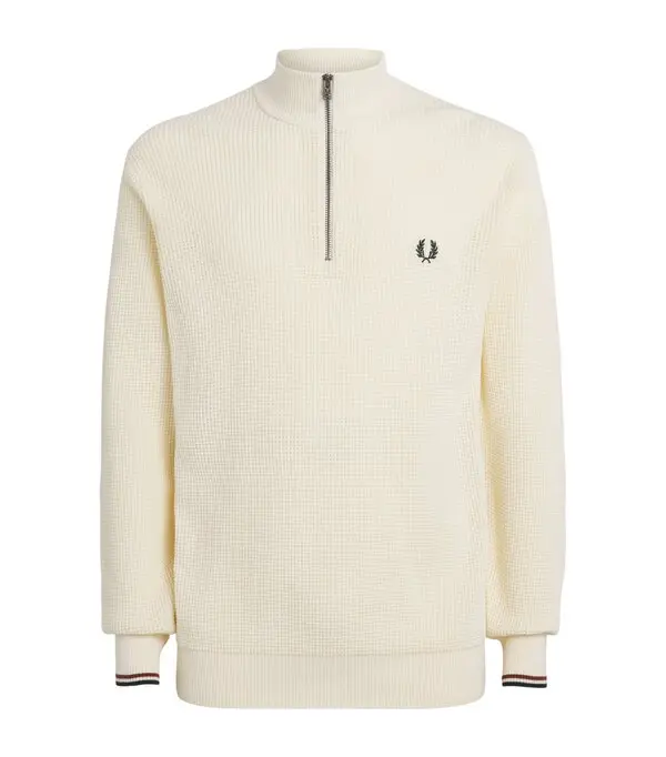 Fred Perry Cotton Waffle Knit Quarter-zip Sweatshirt - Ivory