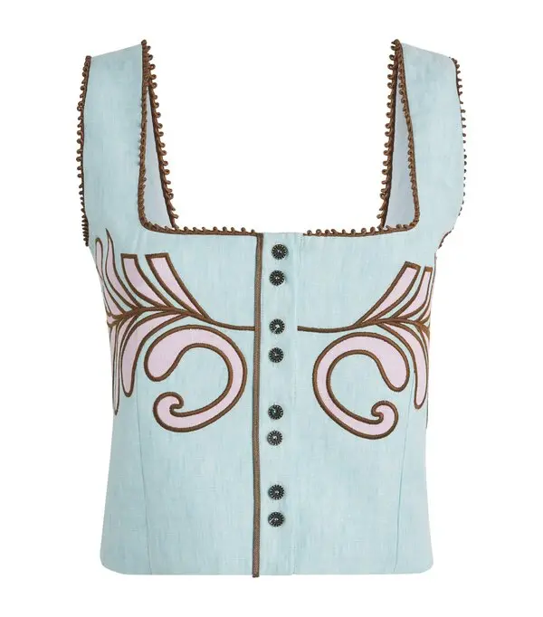 Lug Von Siga Amelia Linen Top With Embroidery - Blue