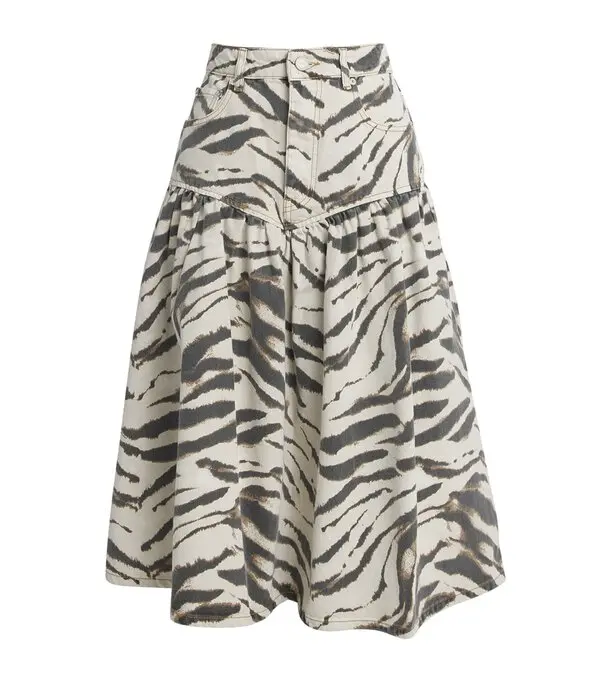GANNI Zebra Print Denim Midi Skirt - Ivory