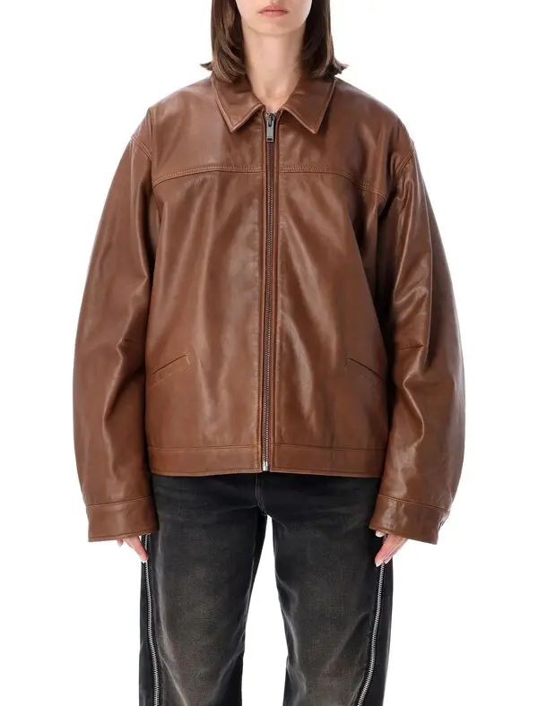HAIKURE Silky Leather Cropped Jacket For With Boxy Fit & Adjustable Waist - Marrone