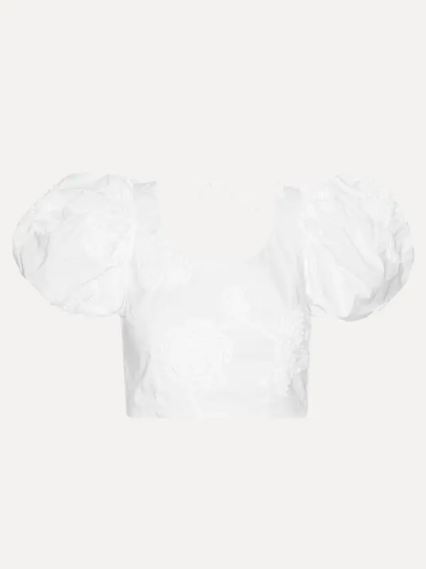 ROTATE BY BIRGER CHRISTENSEN Puff Sleeve Cotton Top With Embroidered Flowers And Lace-back Closure - Bianco