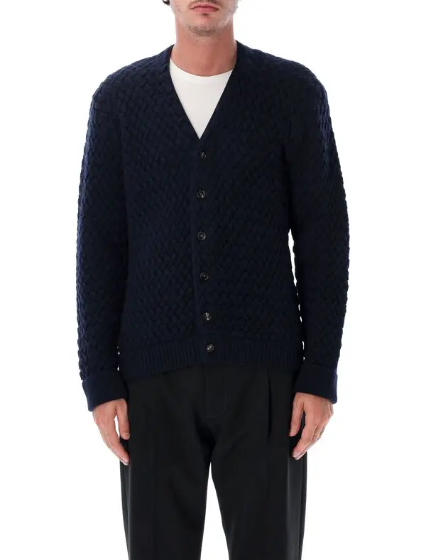 Bottega Veneta Intrecciato Textured Wool V-neck Cardigan - Blue