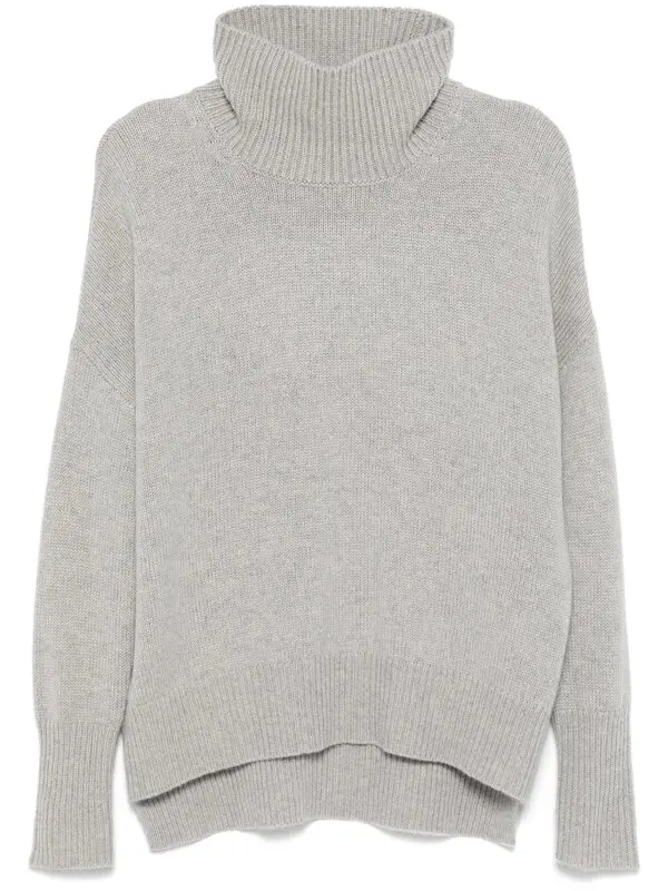 LISA YANG Ribbed Trim Cashmere High-neck Top With Drop Shoulders, Long Sleeves & High-low Hem - Grigio
