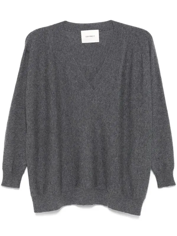 LISA YANG Ribbed V-neck Cashmere Sweater With Long Sleeves - Grigio