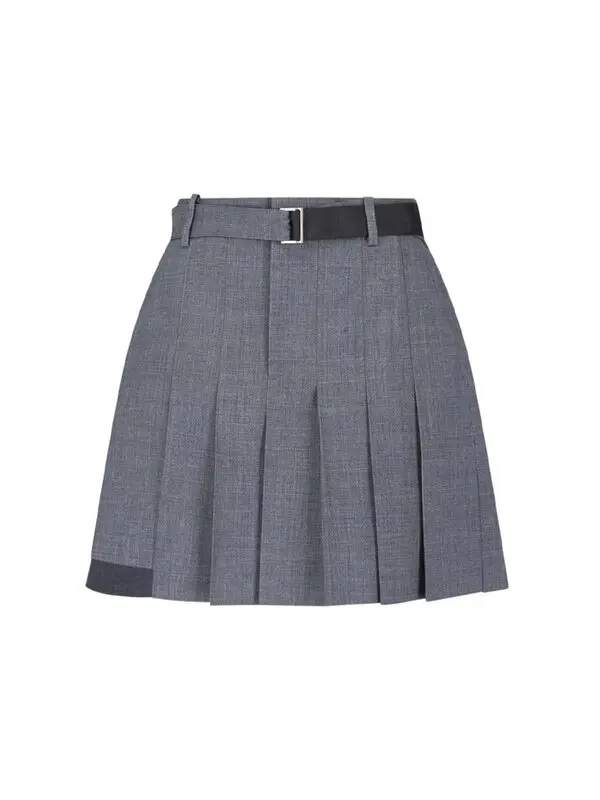 Sacai Pleated Mini Skirt With Belt - Grey