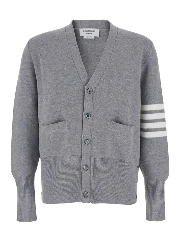 Thom Browne V-neck Cardigan With Signature Sleeve Stripe - Lt Grey