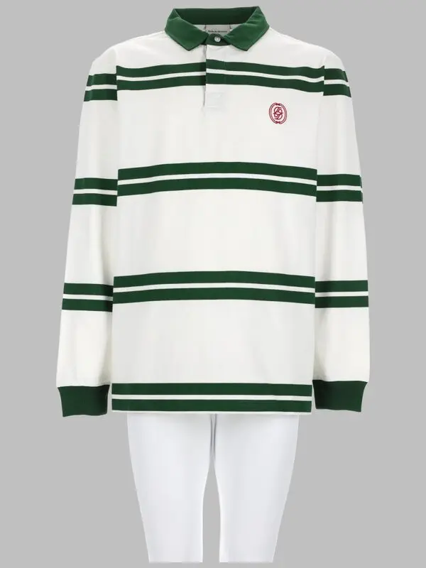 Drole De Monsieur Striped Cotton Polo Shirt With Mirror Graphic Detail - White