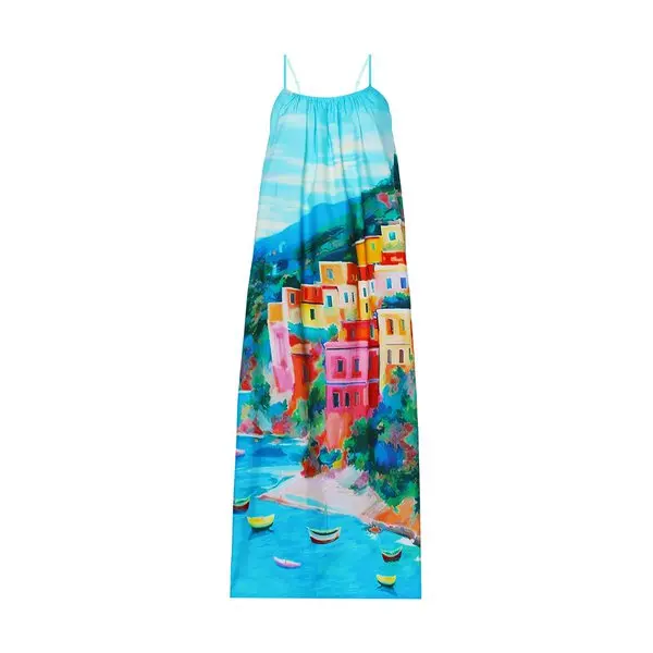 DHARA SHETH, DUBAI La Dolce Riviera Mediterranean Print Spaghetti Strap Maxi Dress Blue,green & Multicolor - Green/blue