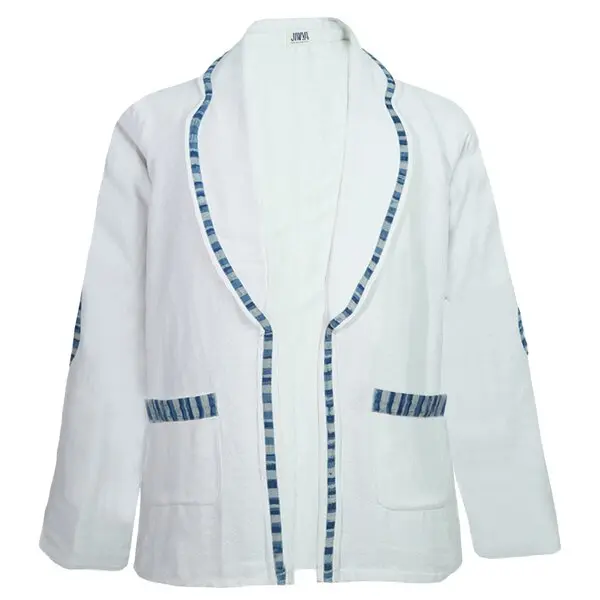 JIWYA White And Blue Khes Weave Dabu Print Cotton Jacket