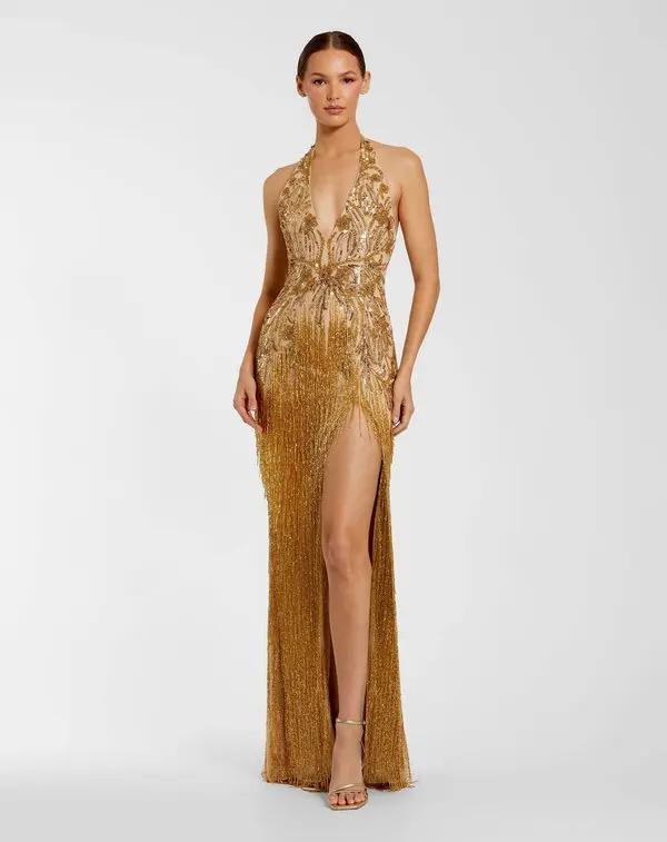 Mac Duggal Petite Embellished Halter Gown With Beaded Fringe - Gold