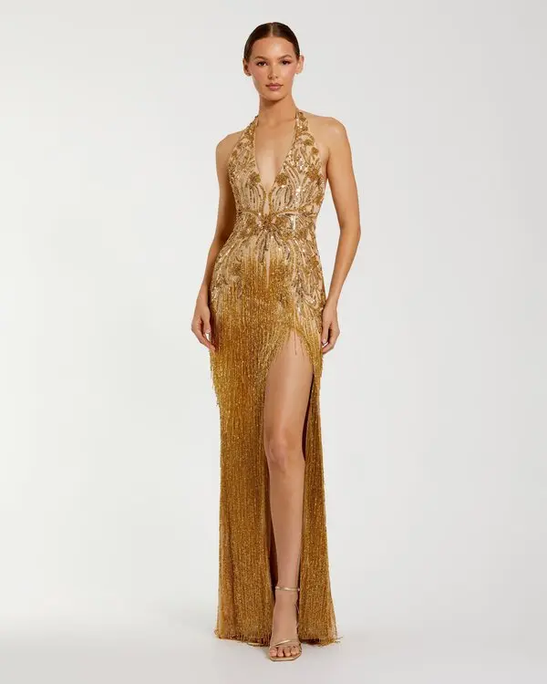 Mac Duggal Embellished Halter Gown With Beaded Fringe - Gold