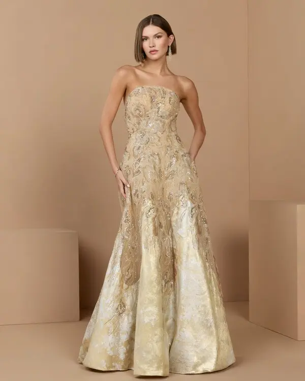 MAC DUGGAL COLLECTION Gold Strapless Embellished Brocade A-line Gown