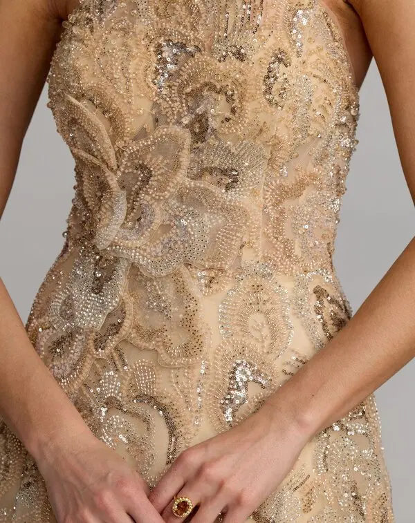 MAC DUGGAL COLLECTION Gold Strapless Embellished Brocade A-line Gown