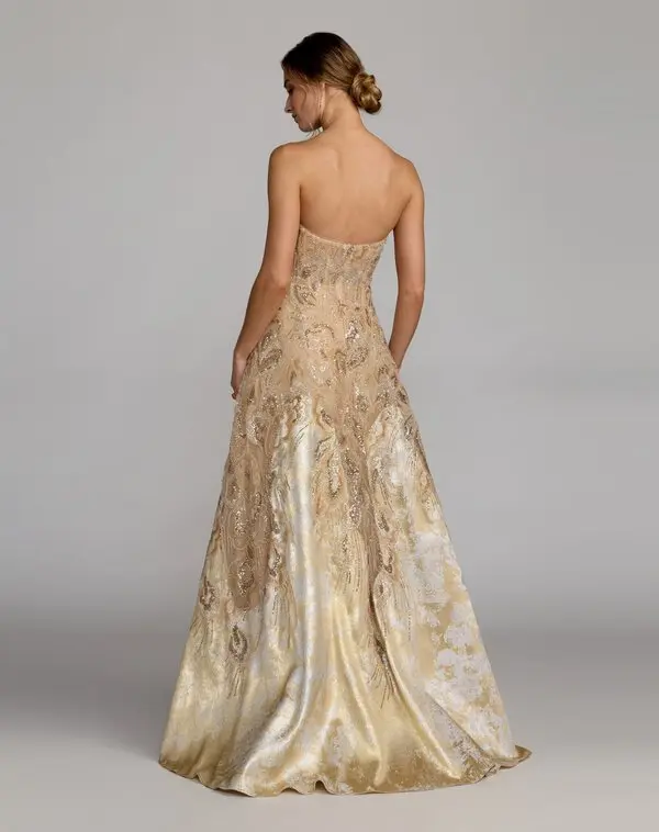 MAC DUGGAL COLLECTION Gold Strapless Embellished Brocade A-line Gown