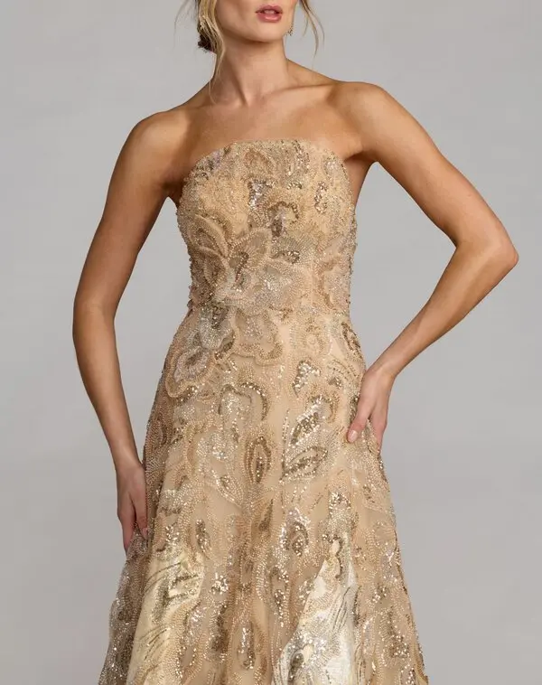 MAC DUGGAL COLLECTION Gold Strapless Embellished Brocade A-line Gown