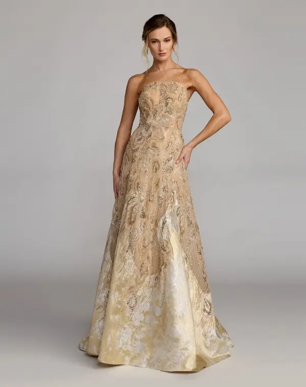 MAC DUGGAL COLLECTION Gold Strapless Embellished Brocade A-line Gown