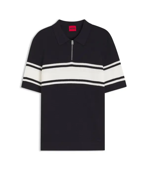 Hugo Zipper Neck Knit Polo With Block Stripes