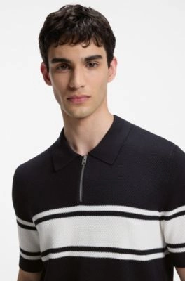 Hugo Zipper Neck Knit Polo With Block Stripes