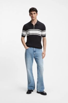 Hugo Zipper Neck Knit Polo With Block Stripes
