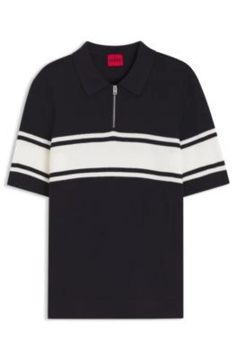 Hugo Zipper Neck Knit Polo With Block Stripes