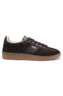 BOSS Suede And Leather Sneakers With Python-print Details - Dark Brown