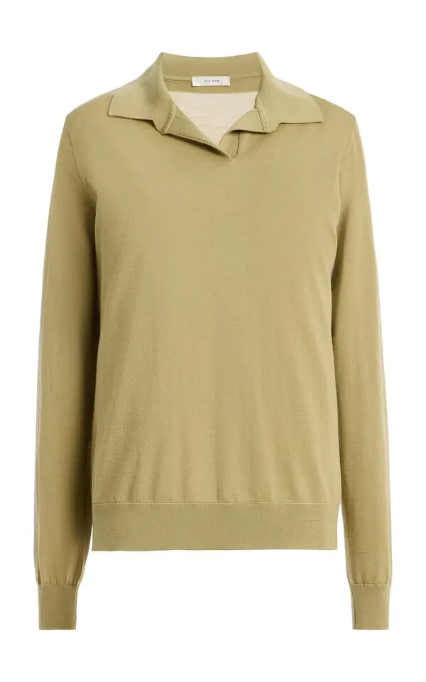 THE ROW Pauli Wool-silk Collared Long Sleeve Top - Green