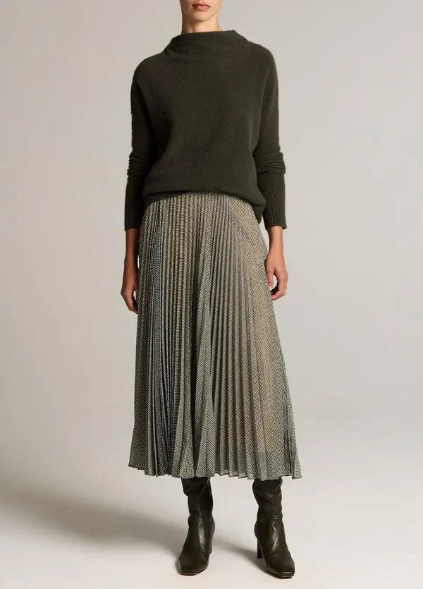 Vince Sheer Houndstooth Pleated Midi Skirt