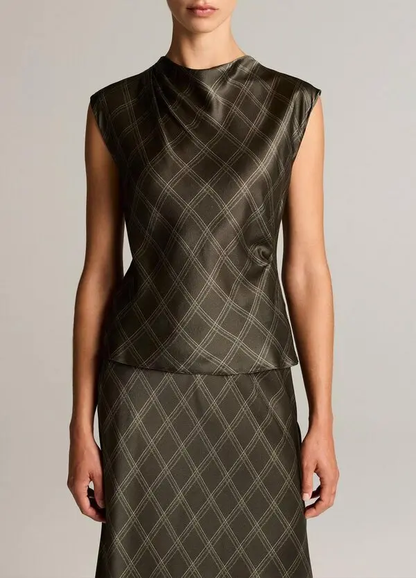 Vince Diamond Plaid Silk Draped Cowl-neck Top