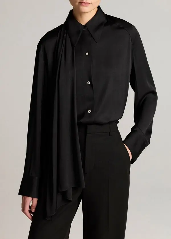 Vince Silk-blend Draped Scarf-tie Button-front Shirt - Black