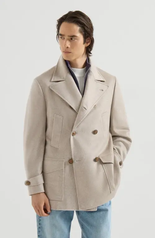 Brunello Cucinelli Cashmere Chevron Flannel Pea Coat